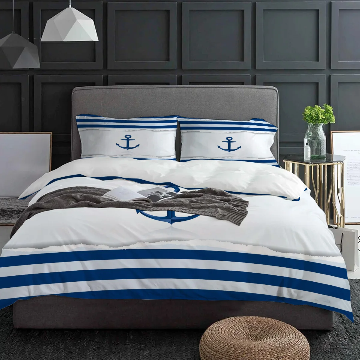 Anchor Blue White Stripe Bedding Set 3pcs Boys Girls Duvet Cover ...