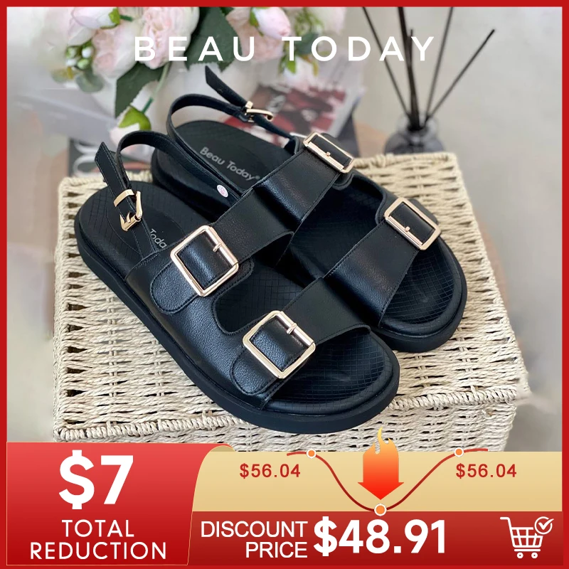 BeauToday-Casual-Sandals-Women-Genuine-Leather-Metal-Ankle-Buckle-Strap ...