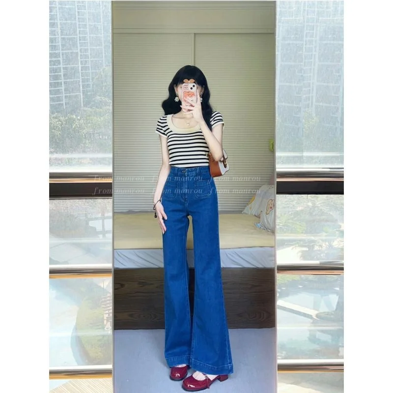 French-Sle-Retro-Dark-Blue-Wide-Leg-Trumpet-Pants-for-Women-High-Waist ...