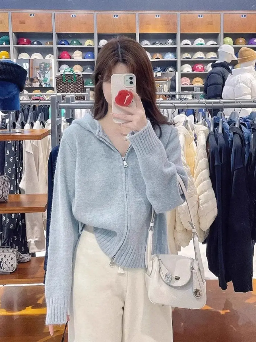 New Lazy Blue Double Zipper Hooded Knitted Cardigan for Women's Autumn ...