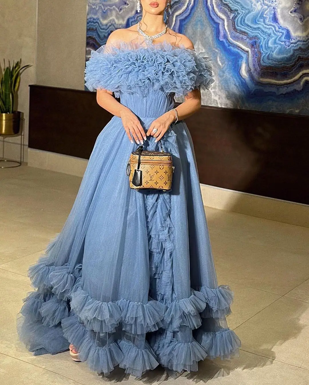 Customized-Smoke-Blue-Tulle-Sleeveless-Evening-Dresses-Off-The-Shoulder ...