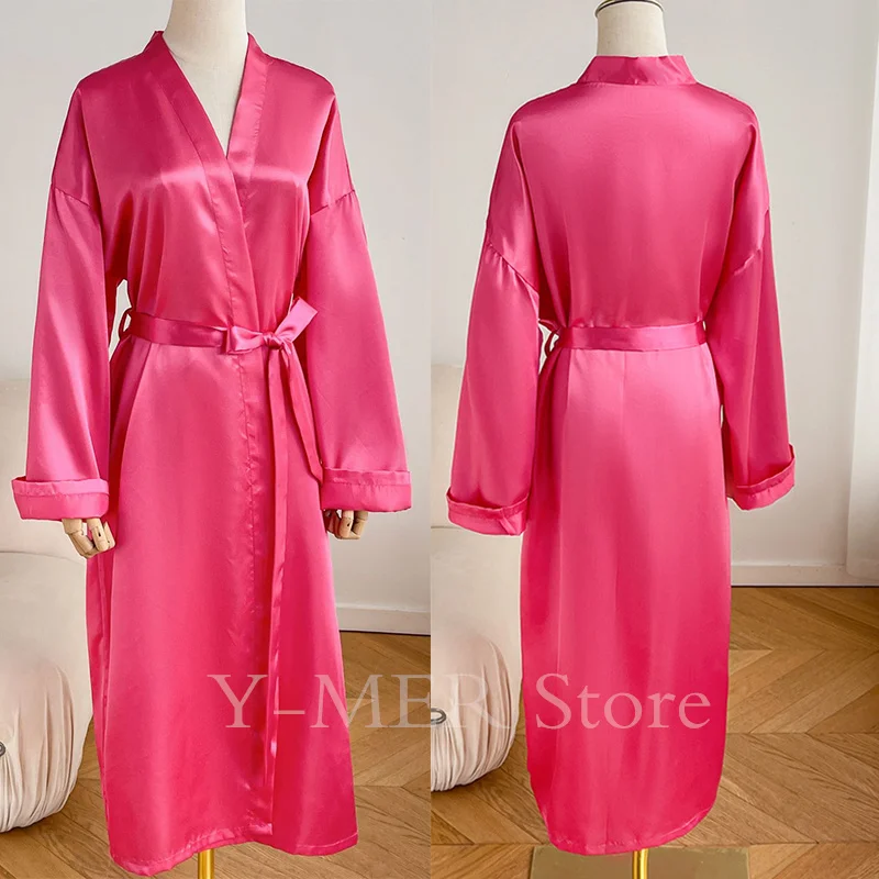 Satin Robe Hot Pink Kimono Women Long Bathrobe Gown Summer Bride ...