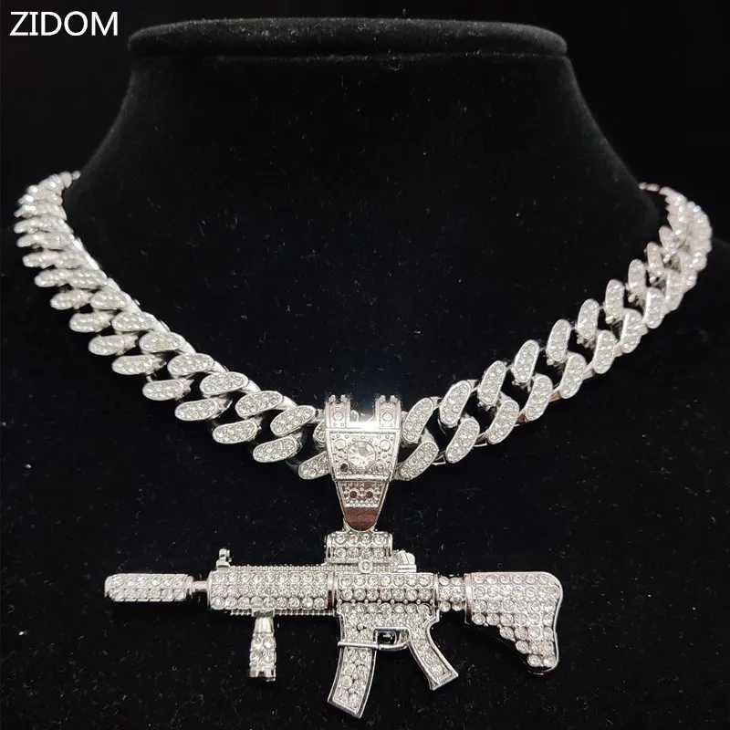 Men Women Hip Hop Iced Out Bling Submachine Gun Pendant Necklace With ...