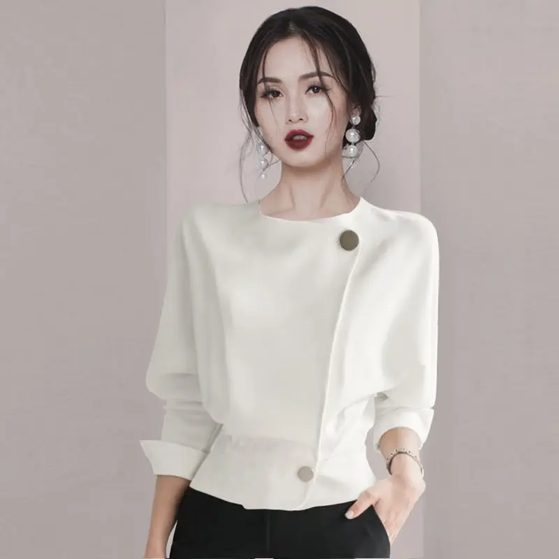 OL Style Formal Women White Shirts O-Neck Blouse Elegant Workwear ...