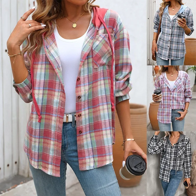 2024 Women's Hooded Blouses Coat Autumn Winter New Fashion Loose Plaid ...