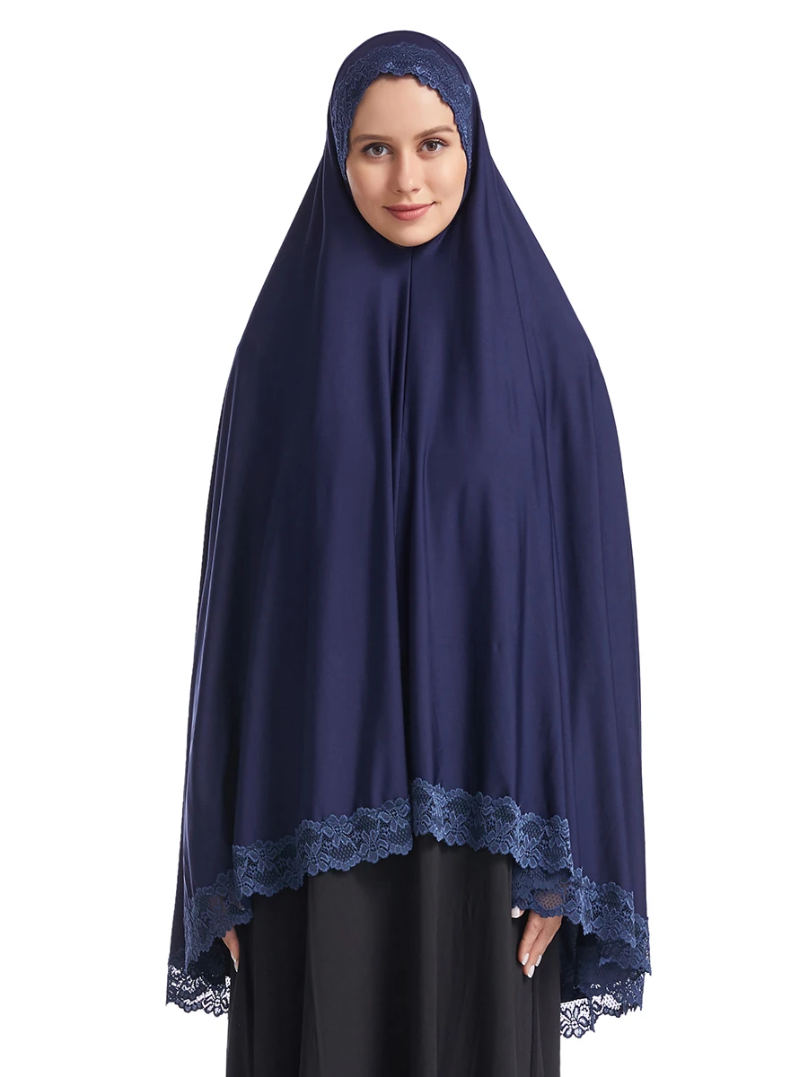 Women Muslim Prayer Long Khimar Lace Trim Islamic Veils Headcover Dubai ...