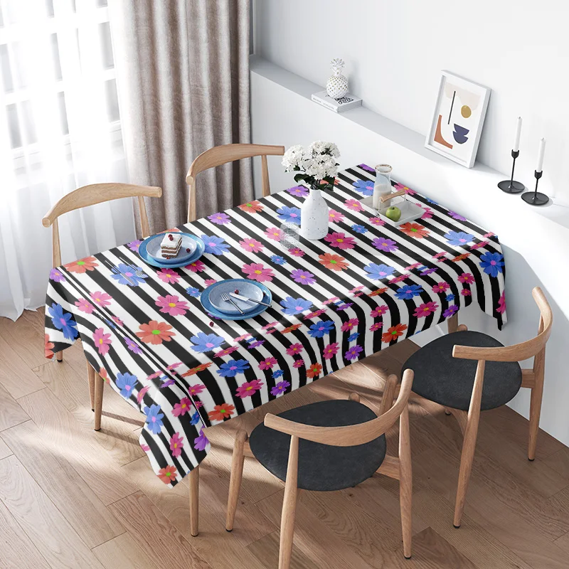 Floral Tablecloth Striped Table Cover Black White Table Linens Kitchen ...