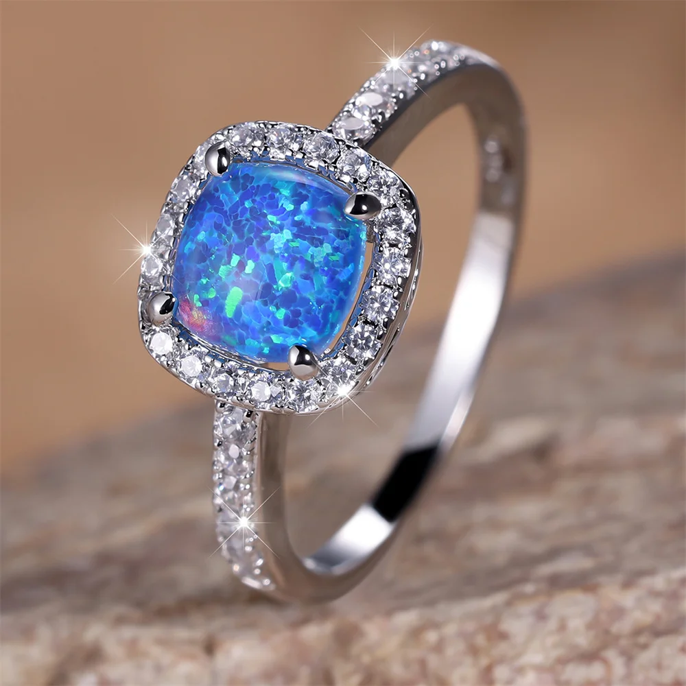 Square-Blue-Opal-Engagement-Ring-White-Round-CZ-Stone-Wedding-Rings-For ...