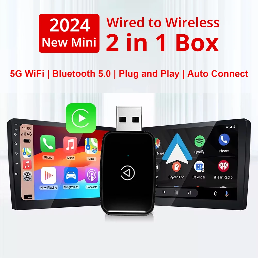 Mini 2 in 1 Ai Box Wired to Wireless CarPlay & Android Auto Adapter ...