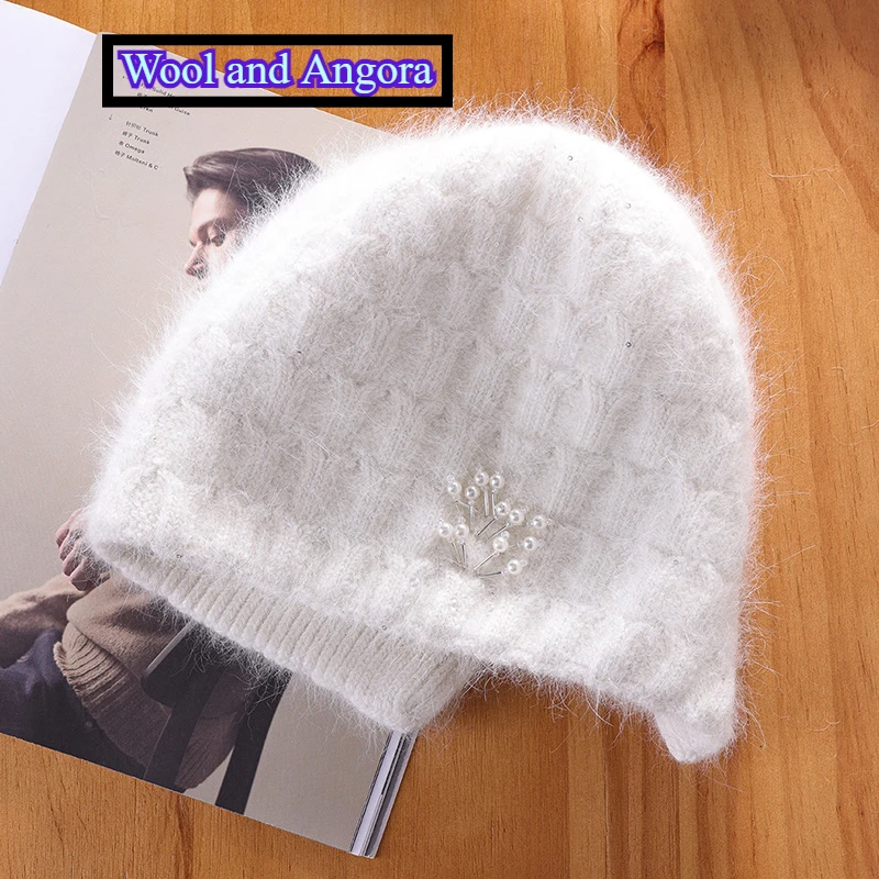 Handmade Pearls Rabbit Fur Knitted Hats for Women High-quality Angora ...