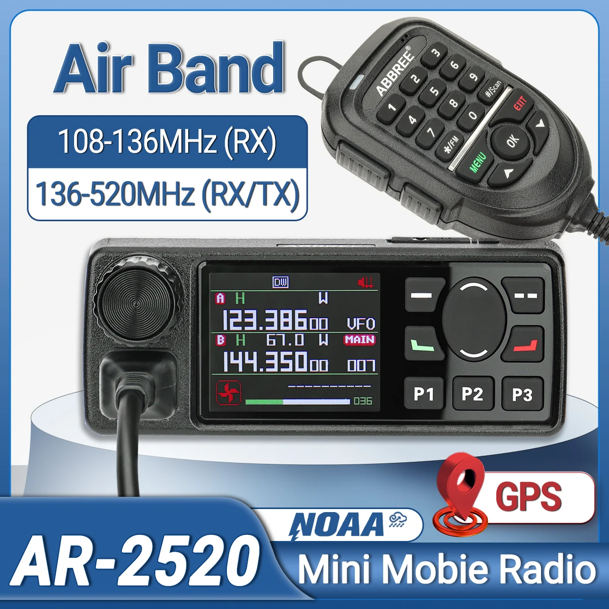 ABBREE AR-2520 25W AIR Band Mobie Radio Full Band 108-520MHz AM FM 999CH NOAA GPS Bluetooth Ham ...
