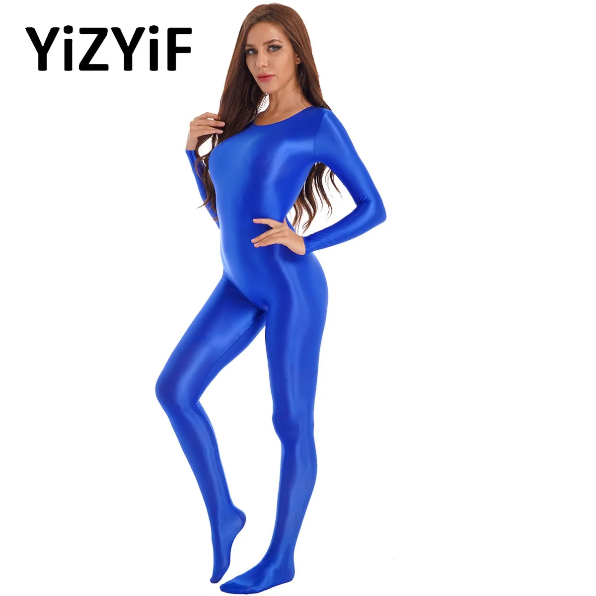 Womens-Glossy-Smooth-Jumpsuit-Long-Sleeve-Bodystocking-Full-Body ...