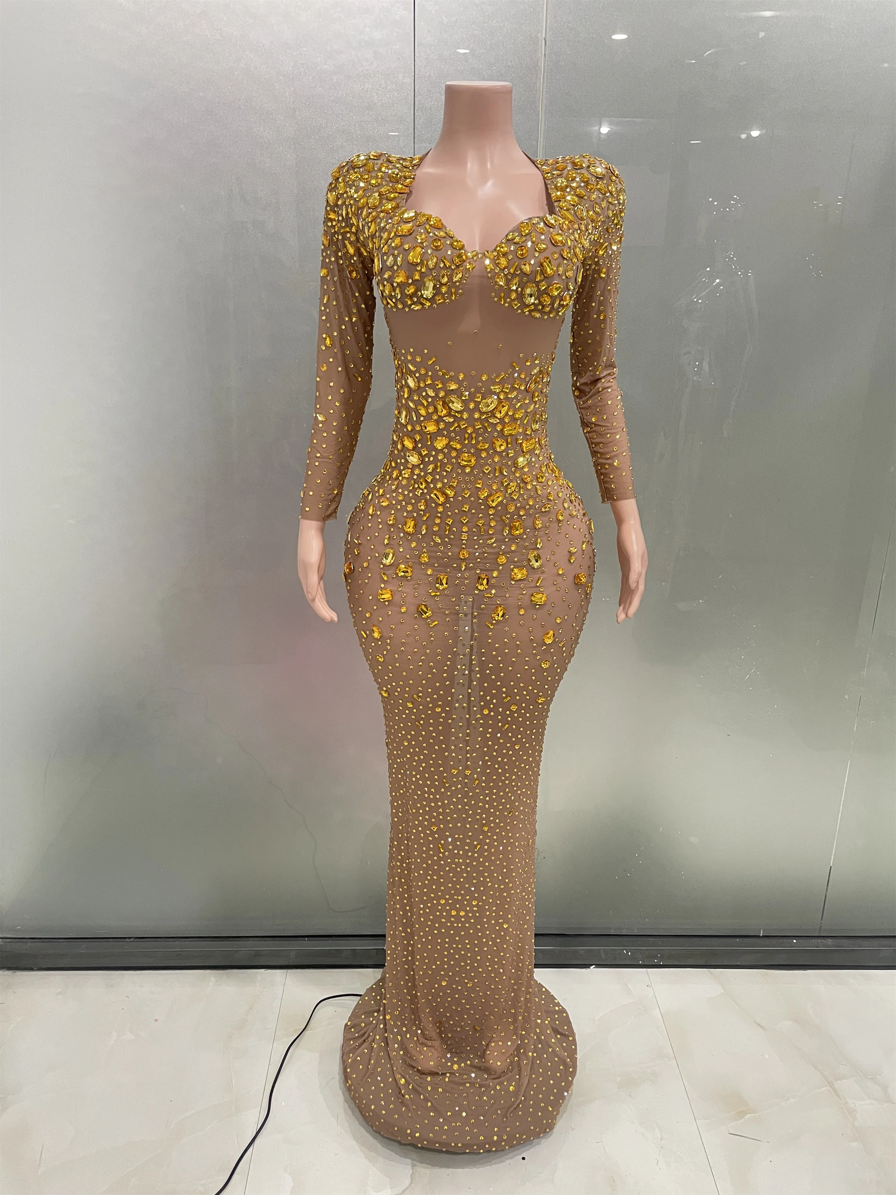 Women-Gold-Shinny-Rhinestone-Luxury-Dress-Performance-Costume-Evening ...
