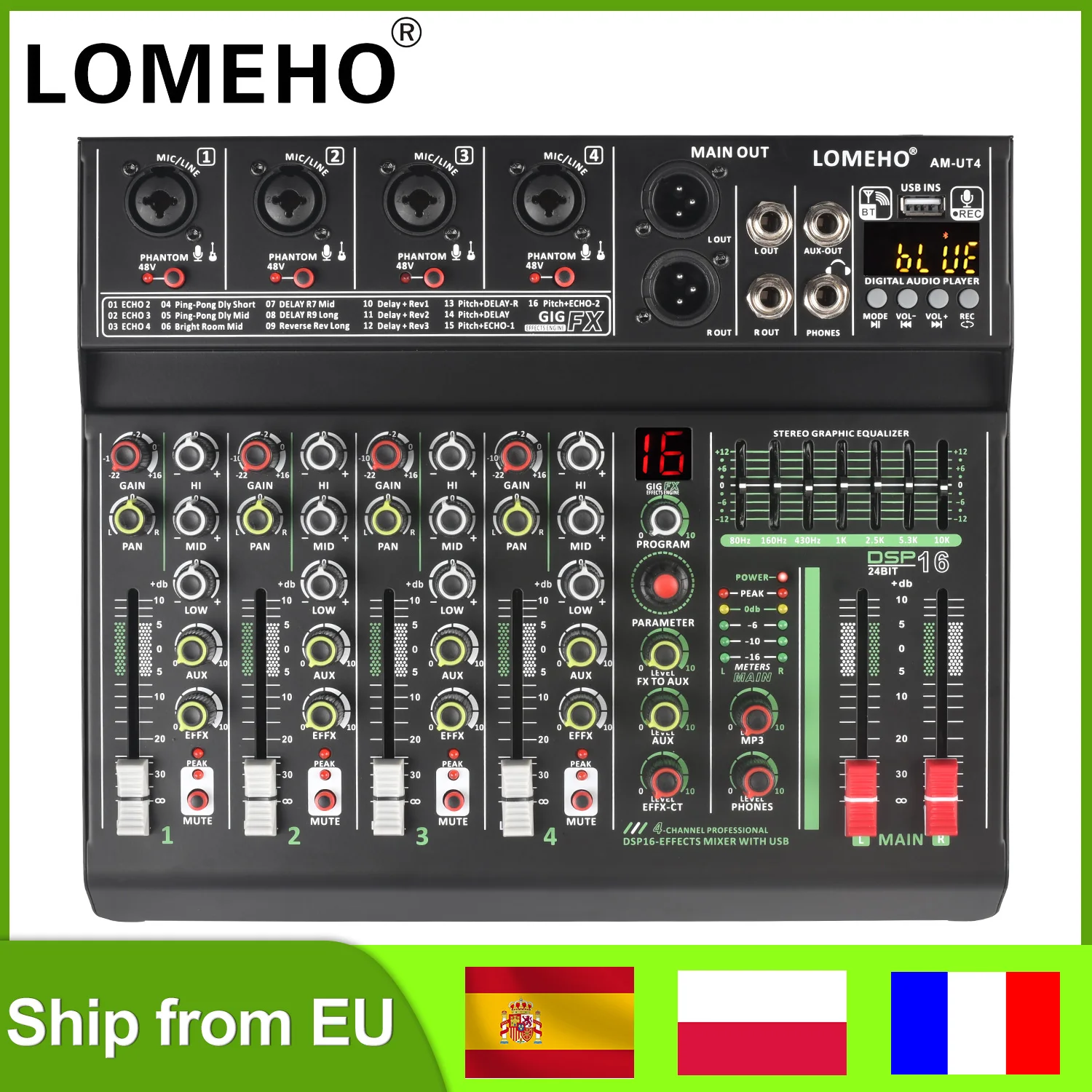 LOMEHO 4 Channels Mixing Console 48V Mute 7 Band EQ Audio Mixer 70mm ...