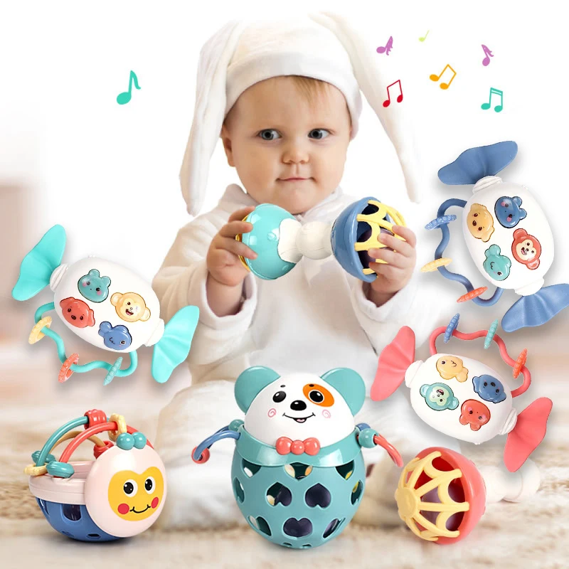 Baby-Toys-0-12-Months-Rotating-Rattle-Ball-Hand-Bell-Silicone-Teether ...
