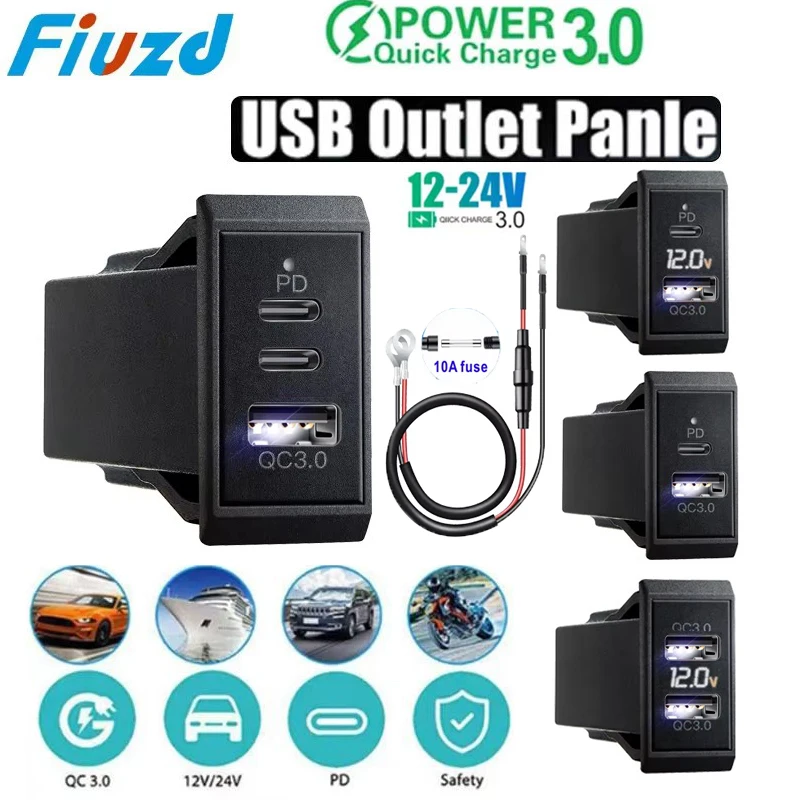 USB C Car Charger Socket 12V/24V 3 USB Socket PD3.0 and QC3.0 Car USB ...