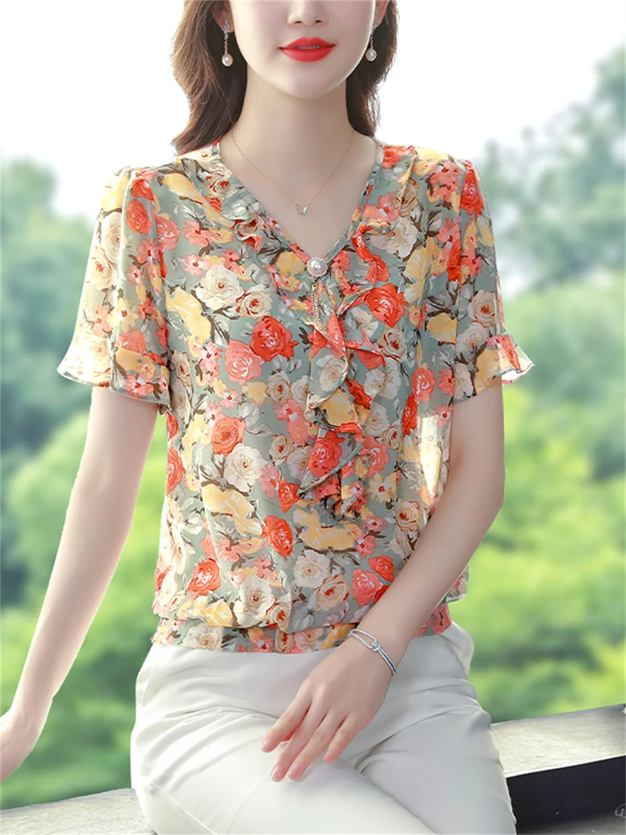 Woman Summer Style Chiffon Blouses Tops Lady Casual Short Flare Sleeve ...