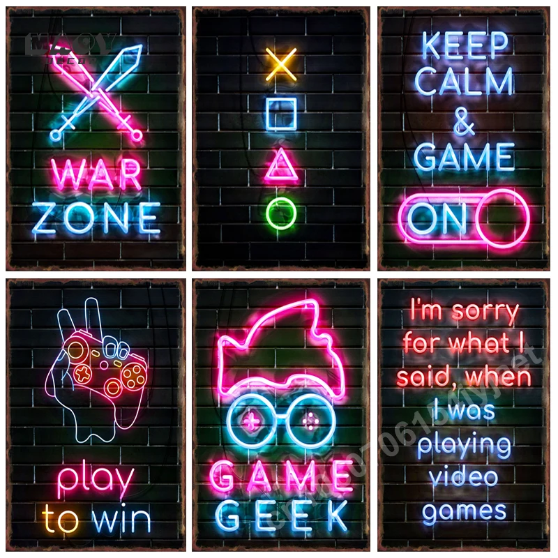 Neon Game Gamer Gaming Metal Tin Sign for Home Wall Art Decoration ...