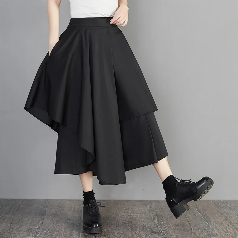 3013-Black-Irregular-Pleated-Skirts-Women-Sring-Summer-High-Waisted-A ...