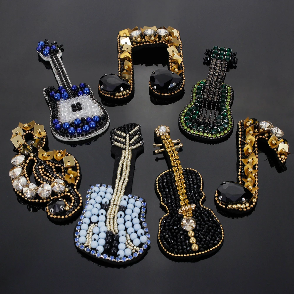Handmade-Rhinestone-Music-gold-Note-Beaded-Crystal-Patches-guitar ...