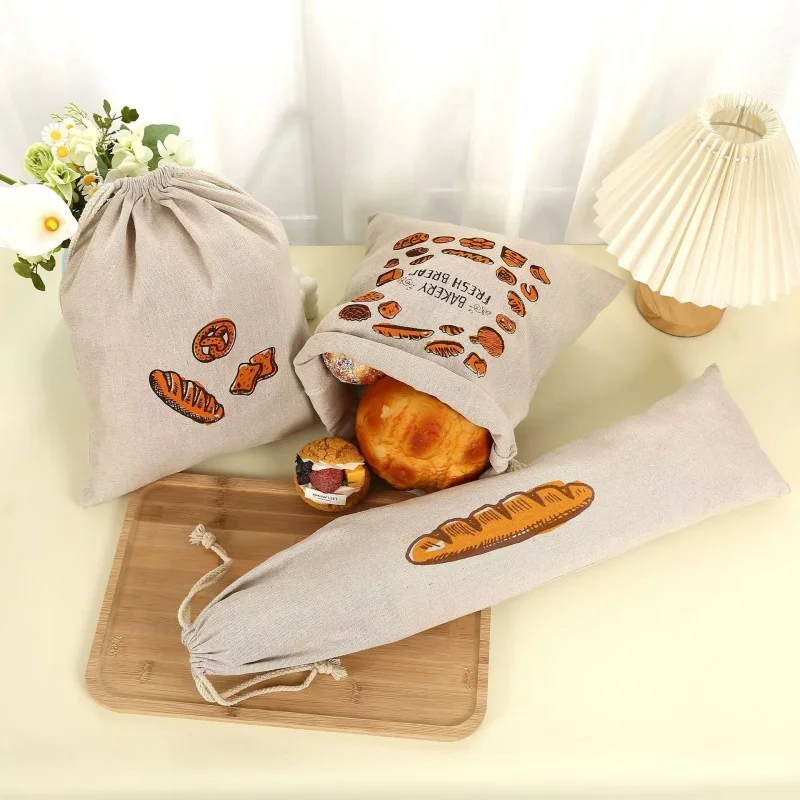 Linen Bread Bag Reusable Portable French Baguette Toast-Pull Bag Cotton ...