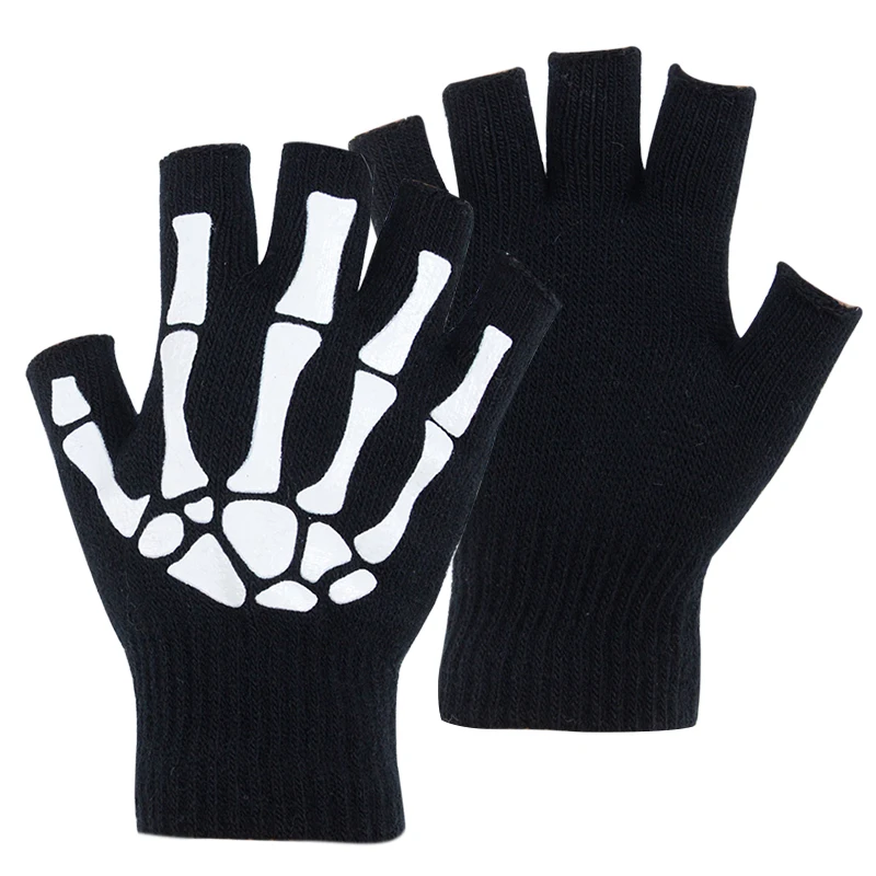 Halloween-Luminous-Gloves-Adult-Kids-Skeleton-Skull-Half-Finger-Mitten ...