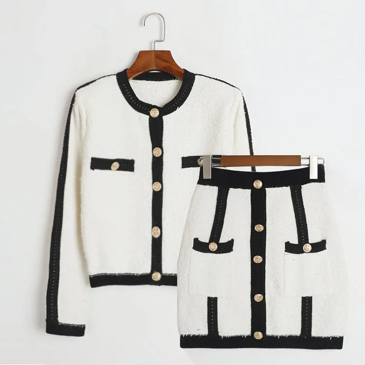 Conjunto-de-cardig-e-saia-de-malha-slim-fit-manga-comprida-saia-de ...