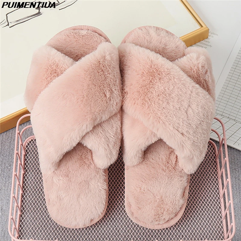 2022 New Design Women Winter House Furry Slippers Women Cross Fluffy ...