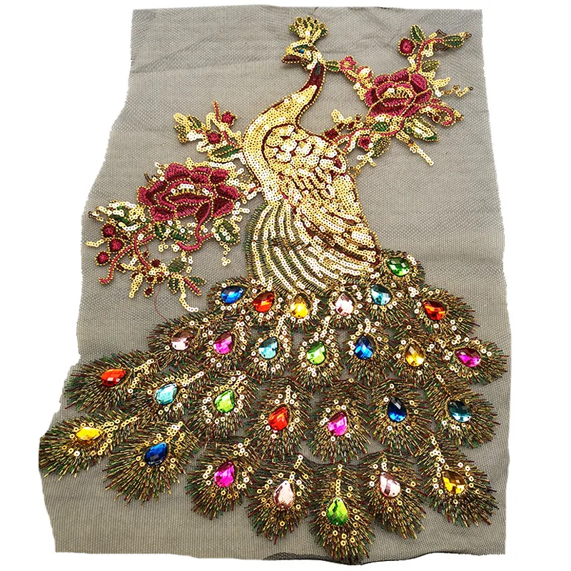 New-Red-Blue-Sequin-Embroidered-Phoenix-Peacock-Feather-Black-Mesh ...