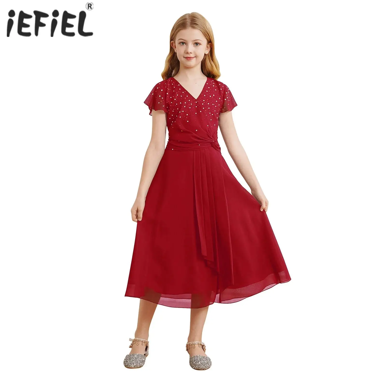 Kids-Flower-Girls-Dress-Rhinestone-Party-Gown-V-Neck-Cap-Sleeve-Ruched ...