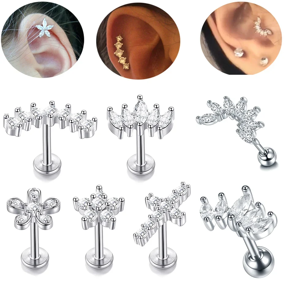 1PC Crystal Flower Tragus Piercing Earring 16G Cross Cartilage Piercing ...