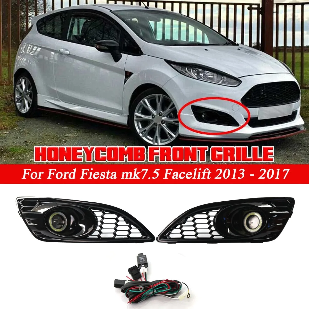 Gloss-Black-Honeycomb-Front-Bumper-Fog-Light-Grille-Grill-Fog-Lamp-w ...