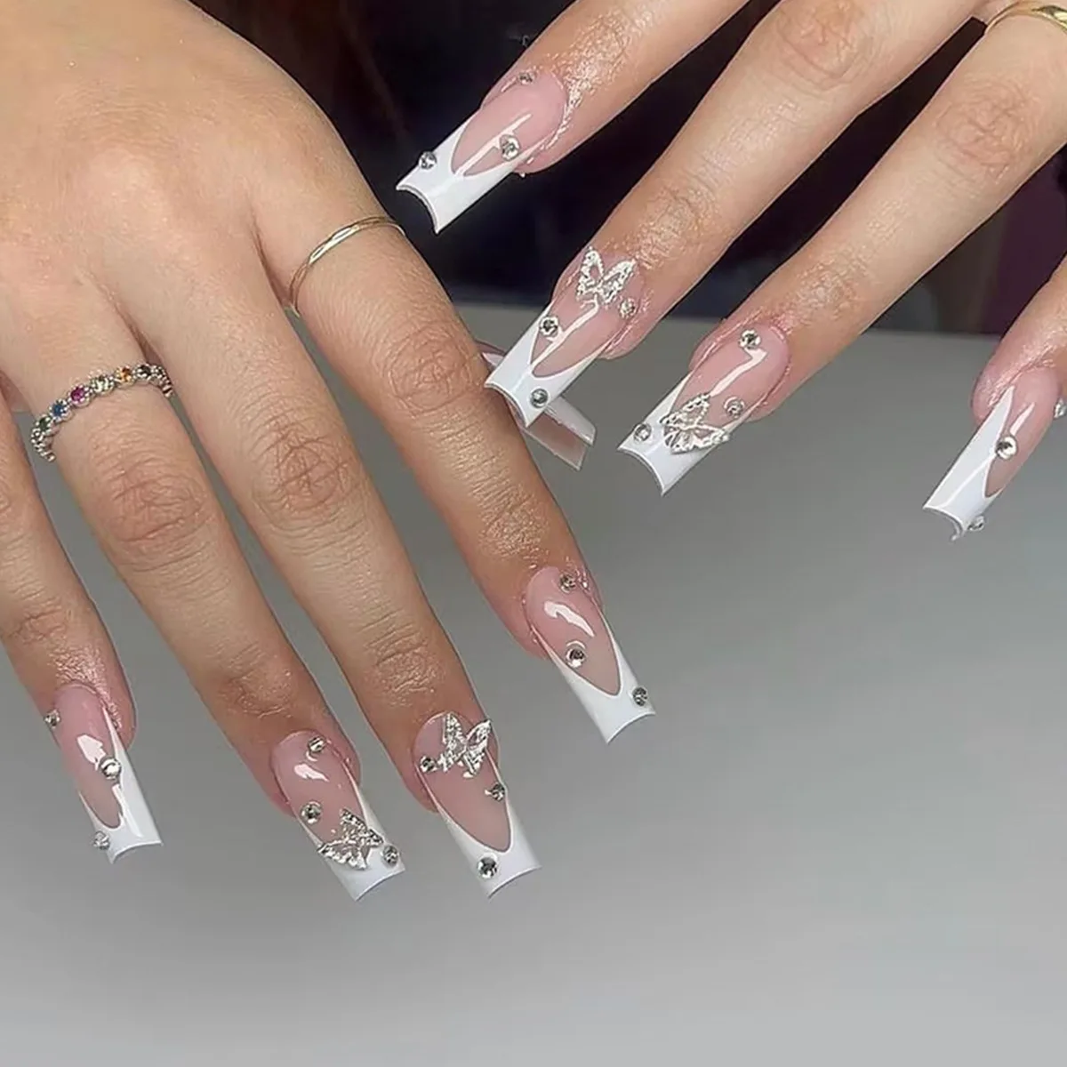 24Psc-False-Nail-Long-iWith-Peal-Bow-Flower-Butter-Butterfly-French ...