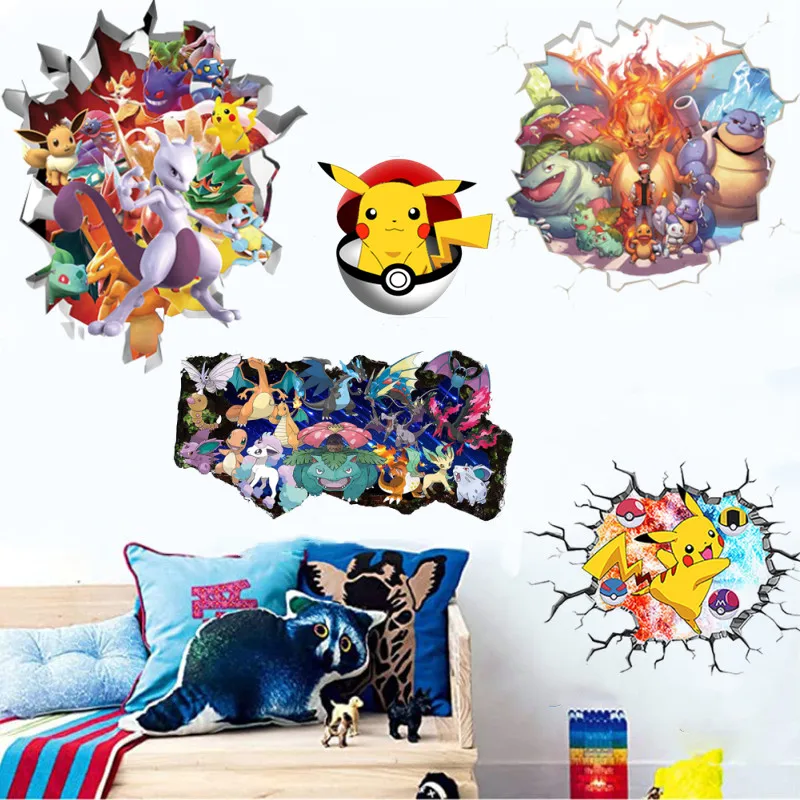 Pokemon 3D BrokenWall Pikachu StickerCharizard Squirtle WallDecoration ...