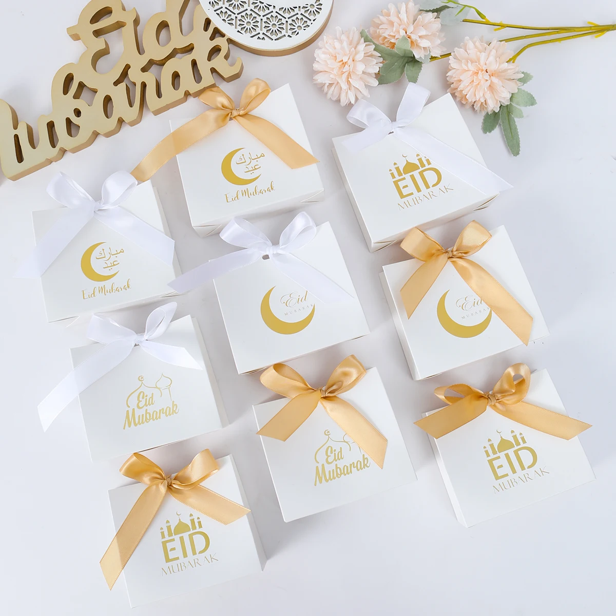 10Pcs Eid Mubarak Gift Box With Silk Ribbon Ramadan Kareem Candy Bags ...