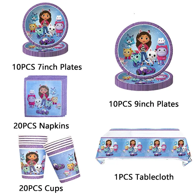 Decoración de fiesta de cumpleaños de casa de muñecas Gabby, vajilla temática de gato de dibujos ...