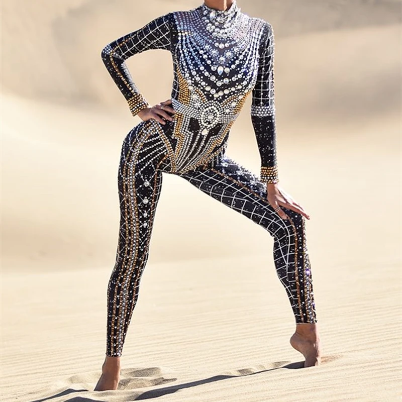 Sparkly Rhinestones Jumpsuit Women Long Sleeve Spandex Nightclub Prom ...