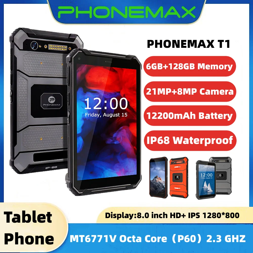 PHONEMAX T1 4G Network Rugged Tablet Phone 6GB+128GB 12200mAh 8.0" HD ...