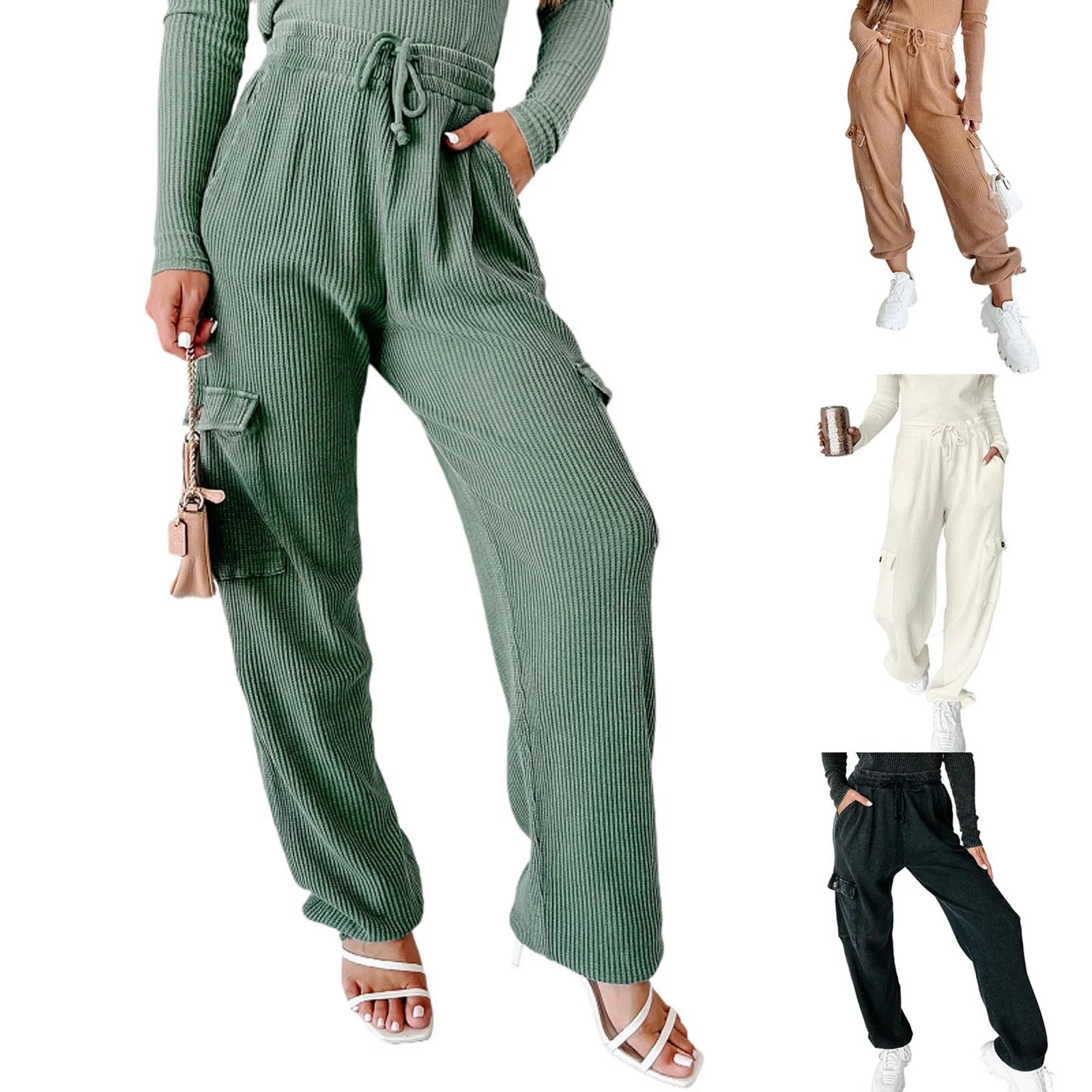 Women-S-Solid-Color-Elastic-Waist-Workwear-Pants-With-Toe-Lights-And ...