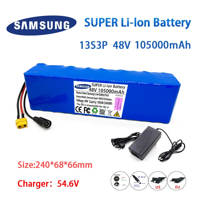 13S3P 고용량 리튬 이온 배터리 팩, 48v 105000mAh 54.6v 전기 자전거용, BMS + 충전기 포함 ...