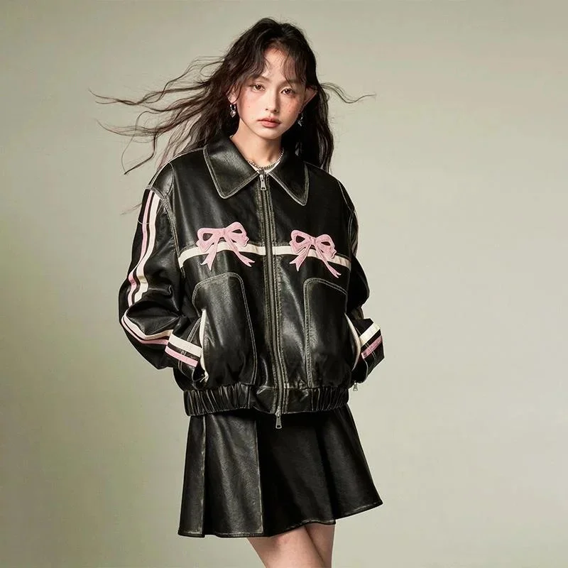 Bow-Jacket-Leather-Y2k-Motorcycle-PU-Female-Autumn-Fashion-Zipper-Polo-neck-Sweet-Cool-Personal ...