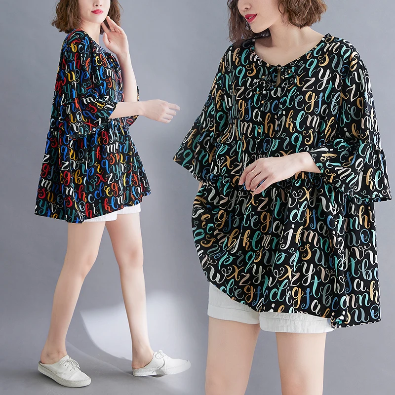 Camisa-de-gasa-holgada-de-talla-grande-con-letras-coloridas-top-de ...
