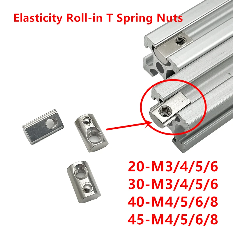 100/50/20pcs Half Round Ball Elasticity Roll-in T Spring Nuts M3 M4 M5 M6 M8 For 2020 3030 4040 ...
