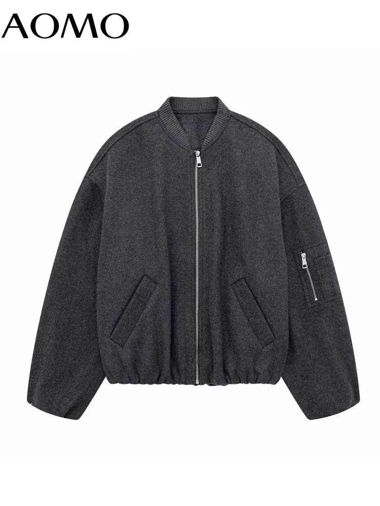 AOMO-2023-Winter-New-Women-Gray-Oversized-Wool-Jacket-Bomber-Zipper ...