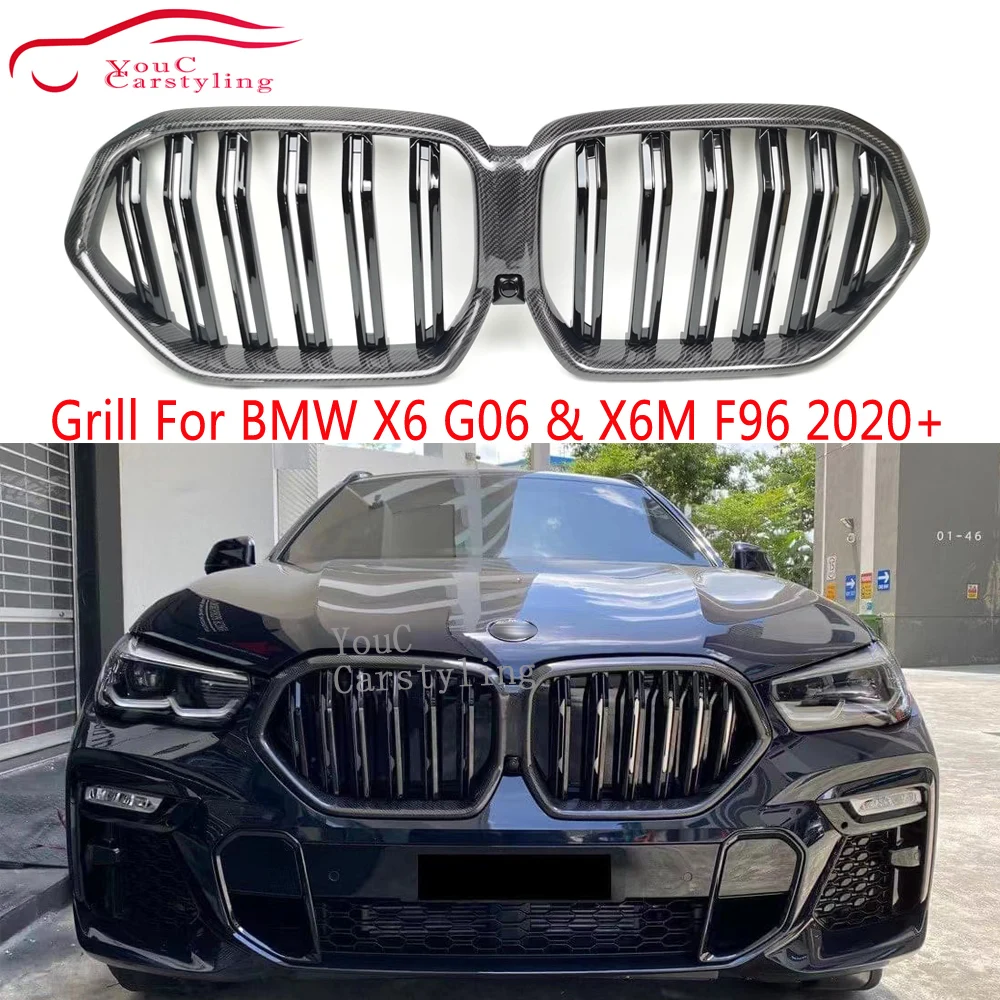 Carbon-Fiber-Double-Slat-Gloss-Black-Front-Bumper-Kidney-Replacement ...