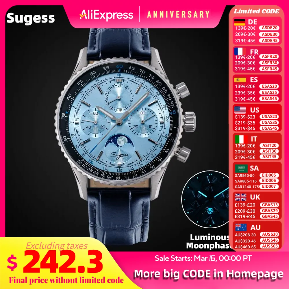 Sugess Chronograph Watch of Man ST1908 Swanneck Movement Mechanical ...