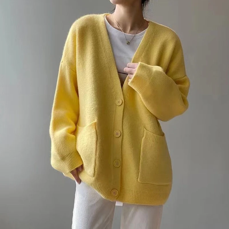 2024 Chic Yellow Sweater Cardigan Women Lazy Wind Single-Breasted ...