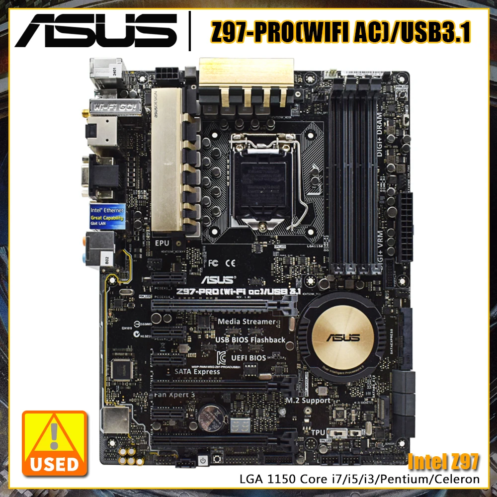 ASUS Z97 PRO(WiFi ac)/USB3.1 마더보드 장착 인텔 Z97 칩셋 LGA 1150 슬롯 4 × DDR3 3 × PCI E X16 8 × sata III 8 ...