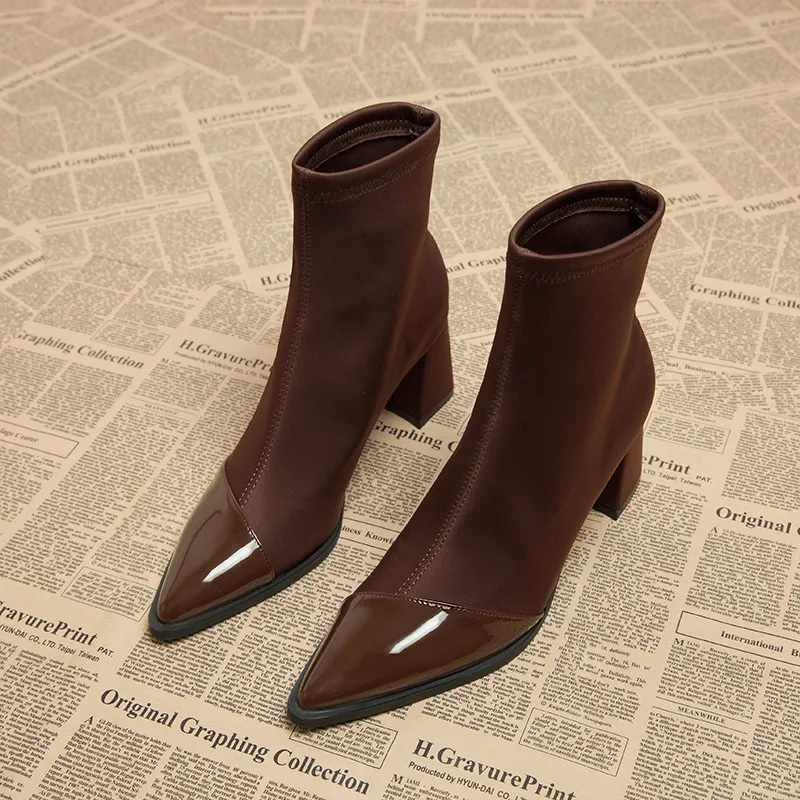 Brown Women Ankle High Heels Pointed Toe Shoes Goth Designer Pumps ...