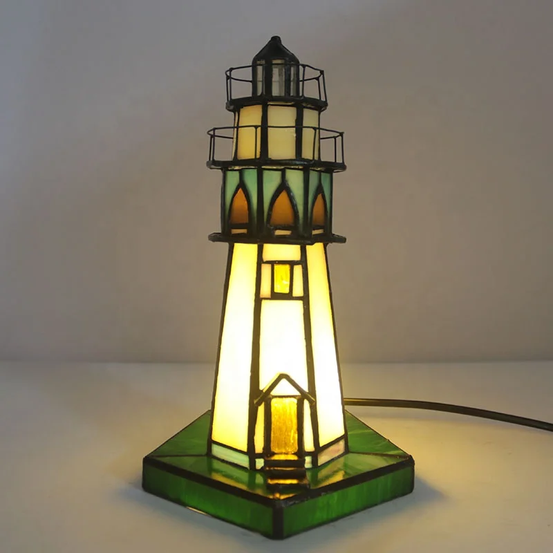 LongHuiJing Lighthouse 10 inch Tiffany Style Stained Glass Accent Table ...